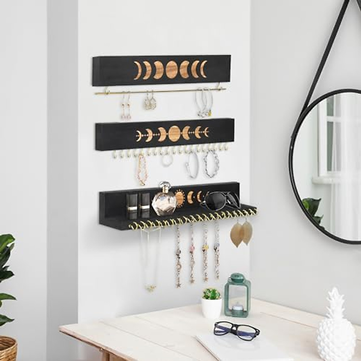 Y&ME YM Jewelry Holder Organizer Wall Mount Set of 3, Hanging Bracelet Necklace Ring Earring Holder Organizer, Wood Floating Shelves for Wall Décor, Sunglass Organizer, Moon Shelf for Crystal Display