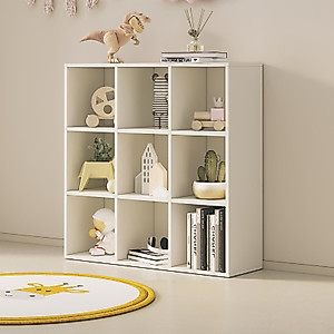Wood Cube Storage Organizer Closet Cabinet for Living Room Bedroom Study Shelf Bookcase Wooden Floor Standing Open Bookshelf for Kids Home Office Display Storage Cabinet (White, 9-Cube, 11.81in)