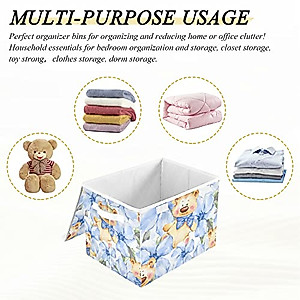 RunningBear Blue Flowers Teddy Bear Large Storage Bins with Lid Collapsible Storage Bin Dog Toy Storage Bin Fabric Storage Baskets for Closet Nursery Cabinet Living Room