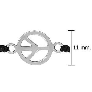 AeraVida Love Inspired Trendy Hippie Culture Peace Sign or Symbol .925 Sterling Silver Charm on Cotton Rope Adjustable Pull Slide Bracelet