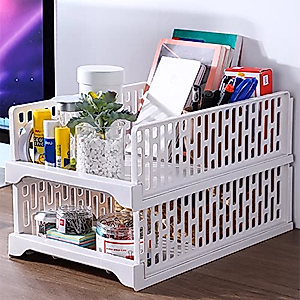 AVLA 3 Pack Stackable Plastic Storage Basket, Foldable Closet Organizers Wardrobe Storage Bins, Storage Container for Cupboard, Bedroom, Bathroom, Kitchen, Office, 17 x 11 x 6.5 Inches