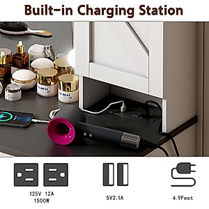 31.5" Makeup Vanity Desk with Mirror and Light, Farmhouse Vanity with 2 Drawer&Power Outlet, 3 Color Lighting Modes, Bedroom Vanity Desk for Girls, Women