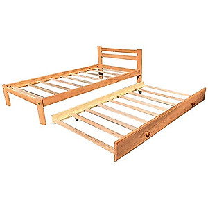 Amazonas Honey Pine Finish Twin Bed & Trundle Solid Pine Wooden Trundle Bed Hardwood Slats Support Suitable for Boys Girls Kids Bedroom Wooden Bed Frame
