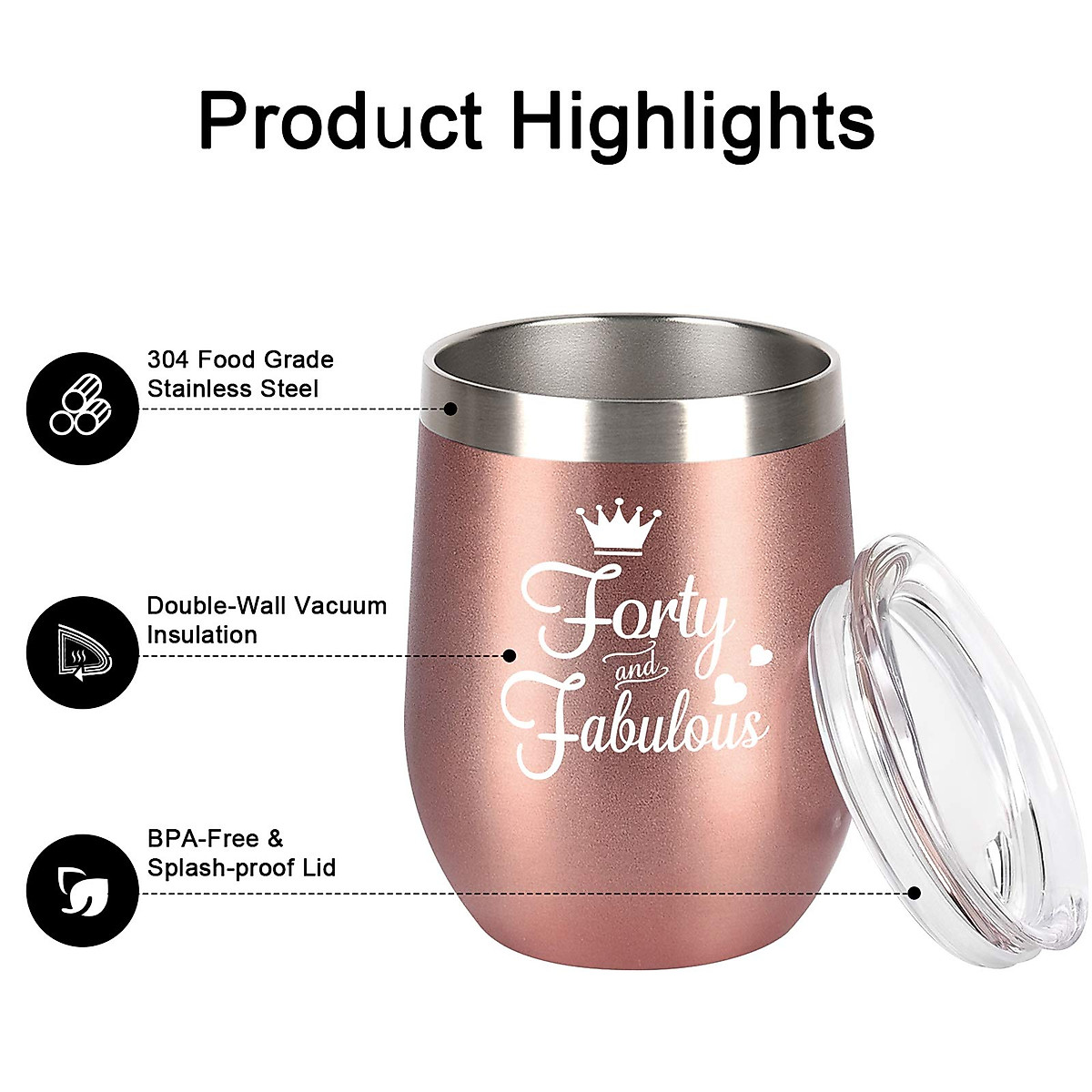 GINGPROUS 40th Birthday Gifts for Women Wife Mom Friends Coworkers, Forty and Fabulous Wine Tumbler for 40th Birthday, 12 Oz Stainless Steel Insulated Wine Tumbler with Lid and Straw, Rose Gold