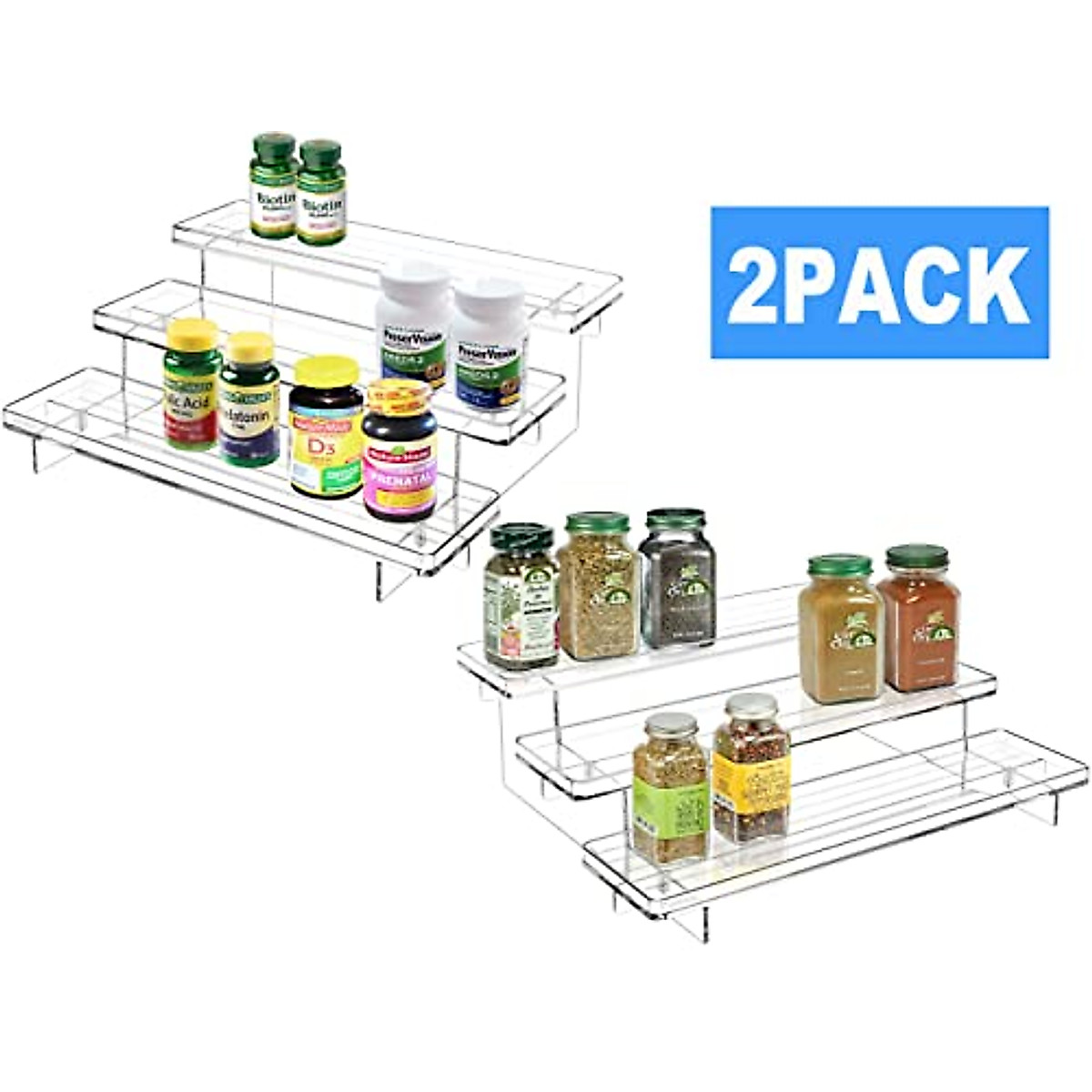 BodiCal 3-Tier Spice Rack Organizer for Cabinet- Spice Rack Seasoning Organizer, Tiered Medicine Cabinet Organizer, Kitchen Pantry Organization and Storage- 2 Pack/Clear