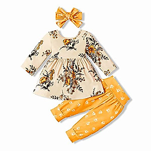 Yoveme Toddler Girl Clothes Baby Girl Outfit Sweet Floral Ruffle Long SleeveTop and Floral Pants 3PC Fall Clothes Set(2-3T)