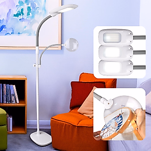 OttLite LED Floor Lamp with Optical Grade Magnifier - ClearSun LED Technology - 3 Brightness Settings, Adjustable Arm & Touch Sensitive Controls - Great for Sewing Table, Crafting, Home  & Office