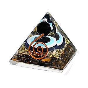 Ultimate Protection Orgone Pyramid with Evil Eye Black Obsidian Sphere - Triple Protection Crystals Tiger Eye Hematite & Black Obsidian (30mm, Small)