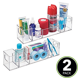 mDesign Plastic Bathroom Medicine Cabinet Organizer with Handles - Divided Vanity Storage Holder/Container for Cotton Swabs, Makeup, Bathroom Essentials/Toiletries, Lumiere Collection, 2 Pack - Clear