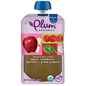 Plum Organics | Stage 2 | Organic Baby Food Meals [6+ Months] | Apple, Raspberry, Spinach & Greek Yogurt | 3.5 Ounce Pouch (Pack Of 6) Packaging May Vary
