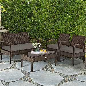 Toolsempire Outdoor Conversation Set 4 Pieces Patio Furniture, Wicker Patio Chair Sofa Set with Water-Resistant Dark-Brown Cushion & Tempered Glass Table for Backyard, Balcony, Porch(Brown)