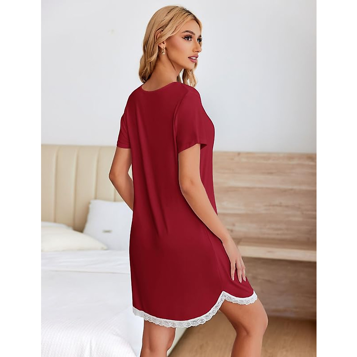 Ekouaer Women's Nightgown Sleepwear Soft Sleepshirt Short Sleeve Nightshirt Sexy Pajama Dress Wine Red L