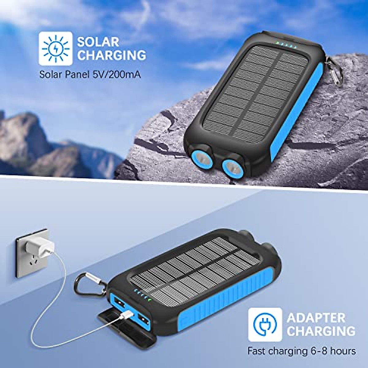 Dyuanup 20,000mAh Solar Charger Power Bank 2LED Flashlight IP65 Waterproof with Dual USB Outputs and Type C Input/Output Built-in Solar Panel for Outdoor Camping for All Cell Phones (Blue)