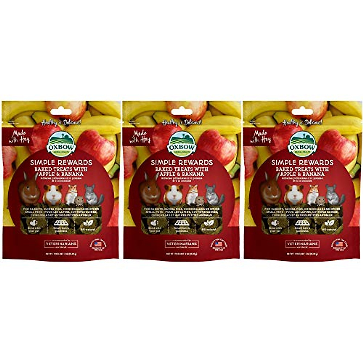 Oxbow 3 Pack of Apple and Banana Simple Rewards Small Pet Treats, 3 Ounces Each, with Hay