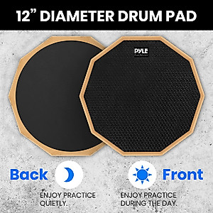 Pyle 12” Practice Pad Set with Snare Stand-Double Sided Rubber Silent Dumb Drumpad with Drumming Accessories, Adjustable Rack Mount, Pair of 5A Drumsticks, Travel Bag, Black (PSDPKIT10.5)
