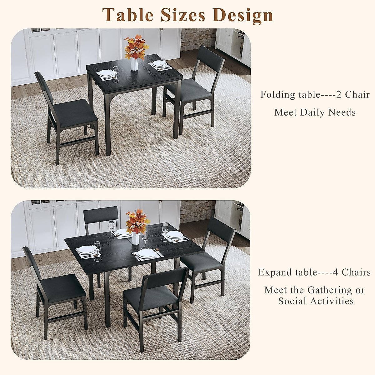 HUAHUU Dining Table Set for 4, Extendable Kitchen Table Cushion Chairs Set of 4, Rectangle Dining Table with Metal Frame & MDF Board, Folding for Small Apartment Saving Space, Black
