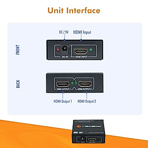 HDMI Splitter 1 in 2 Out 4K @ 60Hz 1x2 Powered HDMI Splitter Duplicate Mirror by J-Tech Digital (1 Source to 2 Displays)
