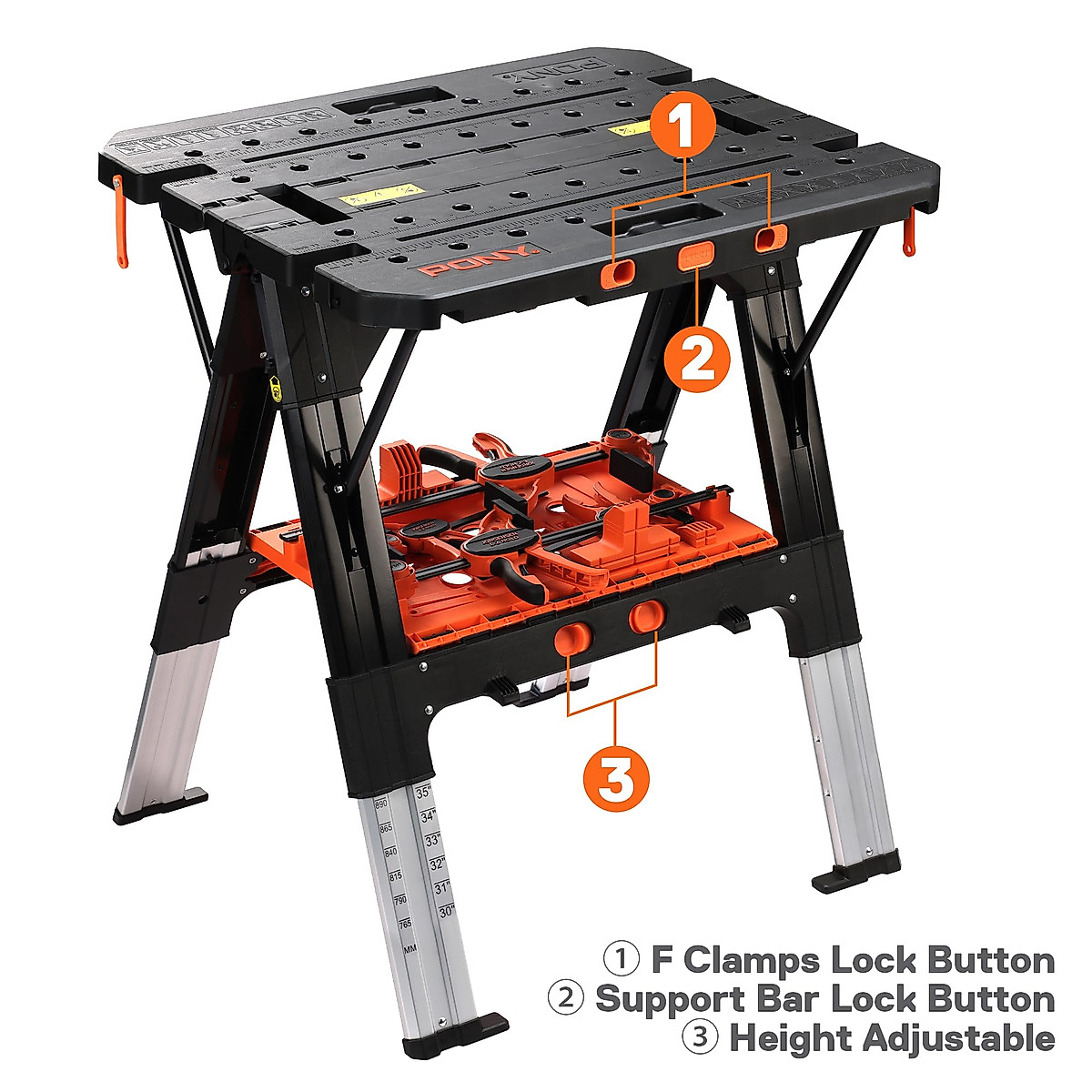 Pony Portable Folding Work Table, 2-in-1 as Sawhorse & Workbench, 31” W×25” D×25”-35”H, Large Load Capacity with 4pcs Clamps, 4pcs Bench Dogs