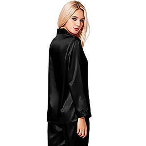 SWOMOG Women's Silk Satin Pajamas Set Long Sleeve Sleepwear Button-Down Pj Set 2 Pcs Nightwear Loungewear Black