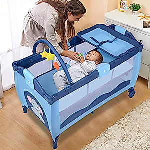 BABY JOY 3 in 1 Pack and Play, Portable Playard with Hanging Toys, 2 Lockable Wheels Diaper Changing Table, Foldable Travel Bassinet Bed (Blue)