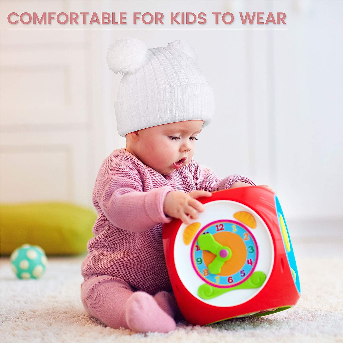 4 Pieces Kids Winter Warm Beanie Hat Kids Faux Fur Pom Beanie Knit Baby Pom Ski Cap for Children 1-5 Years Old(Black, Beige, Grey, White,4 Pieces)