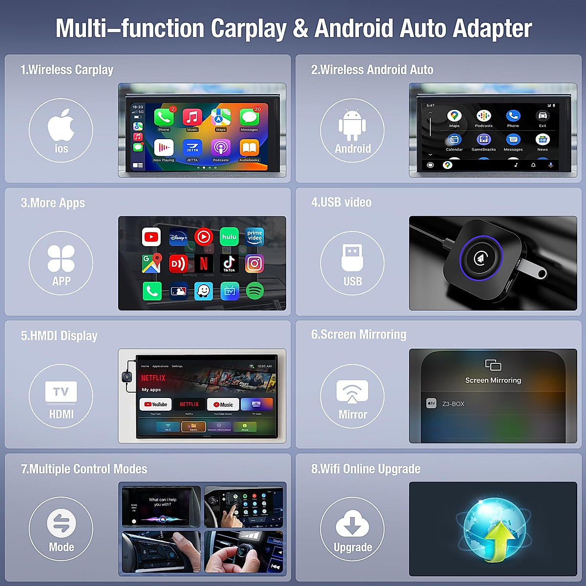 KAMING Wireless CarPlay Adapter for Carplay and Android Auto Carplay Streaming YouTube, TikTok, Miracast 2023 Newest CarPlay Ai Box for Factory Wired CarPlay Cars