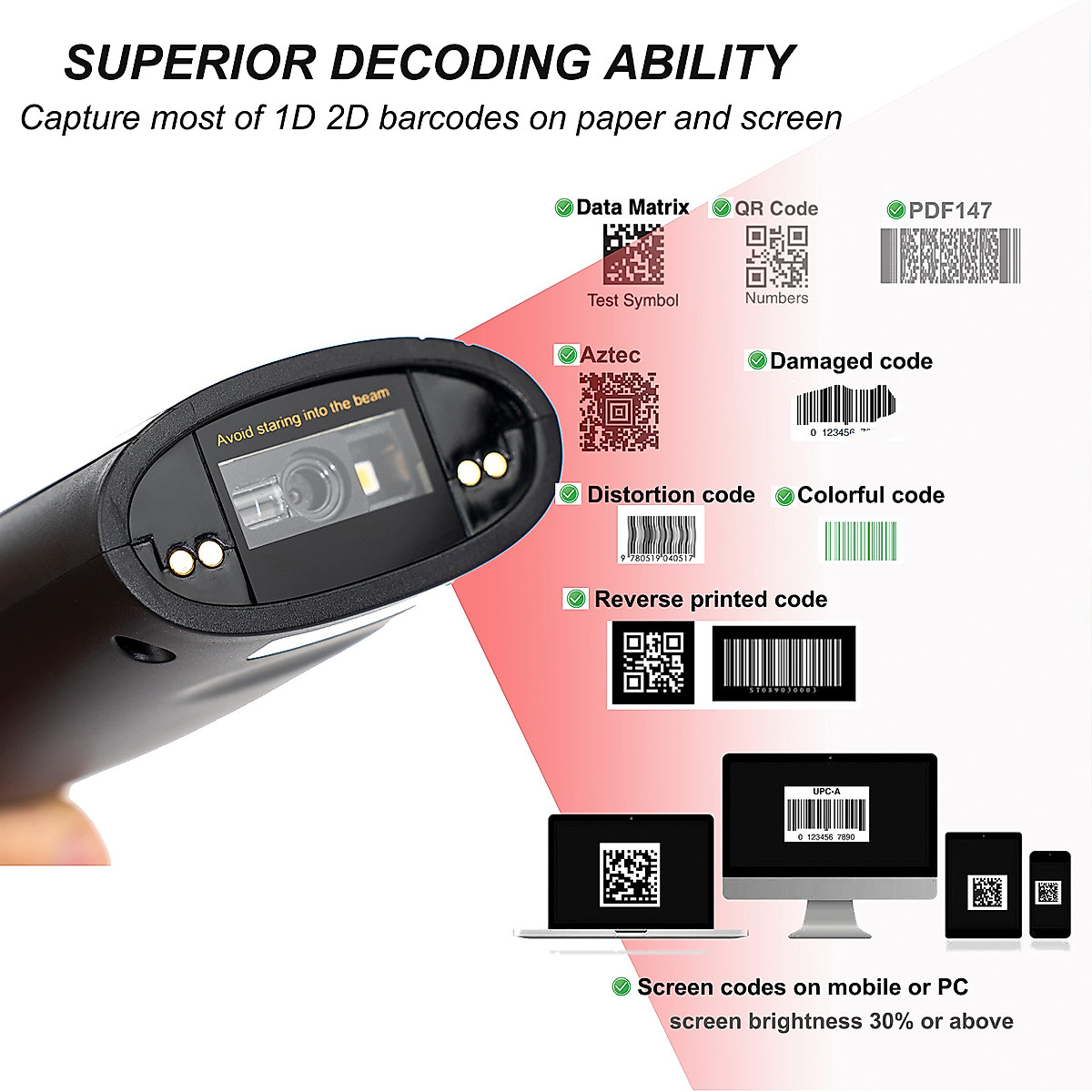 TEEMI Bluetooth Barcode Scanner with Charging Dock Data Receiver, Mini Bar Code Scanner with Neck Wrist Lanyard Included Handheld 2D QR Bar Code Reader for Tablet iPhone iPad Android iOS (Black)