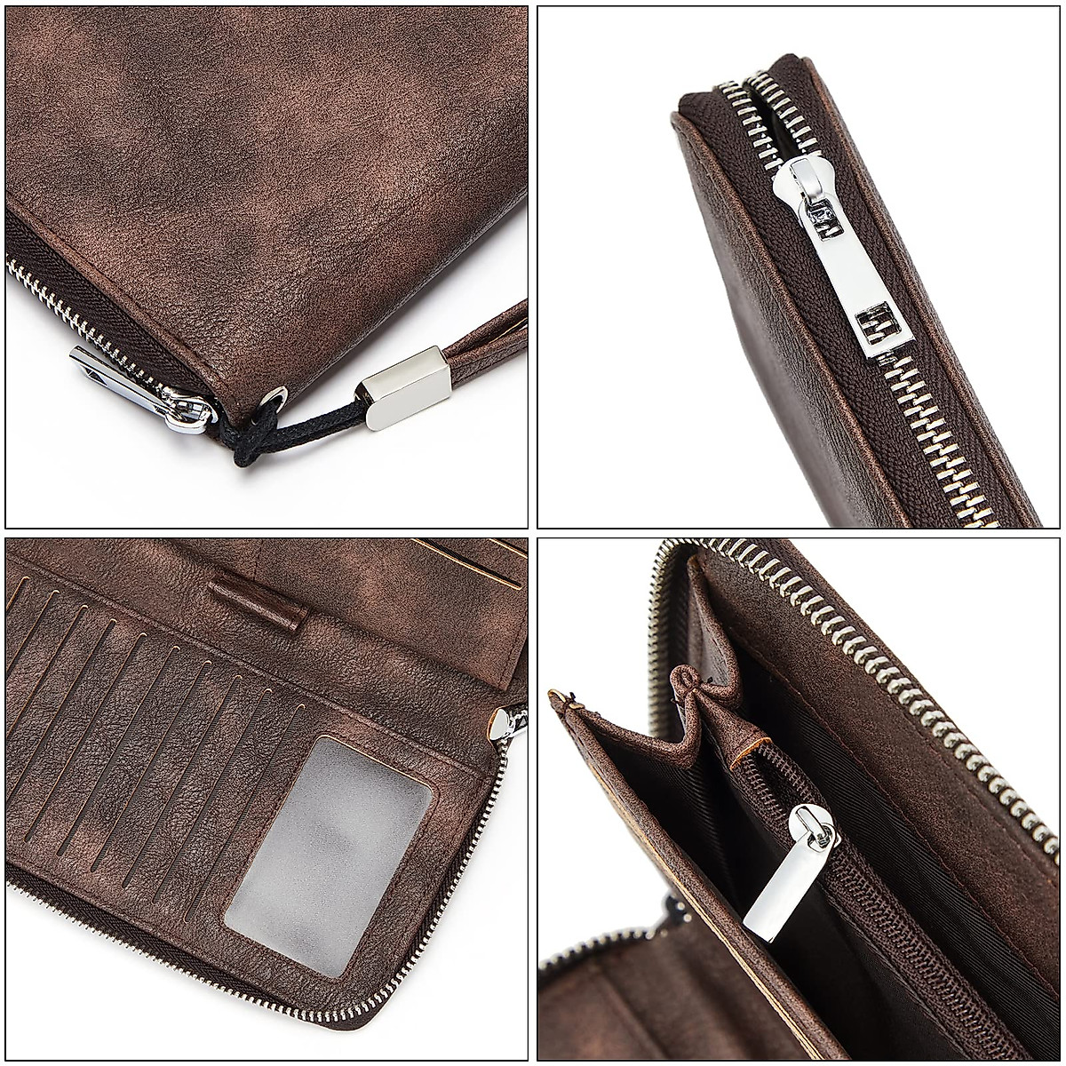 Telena Leather Wallets for Women Slim Zip Around Wristlet Clutch Purse Large Phone Holder Retro Coffee