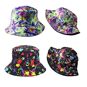 6 Pack Retro 80s 90s Bucket Hats for Men Women, Funny Retro Party Hats, Vintage Print Fisherman Hats for Disco Hip hop Party, Unisex Reversible Portable Hat Outdoor Fashion Sun Cap Colorful