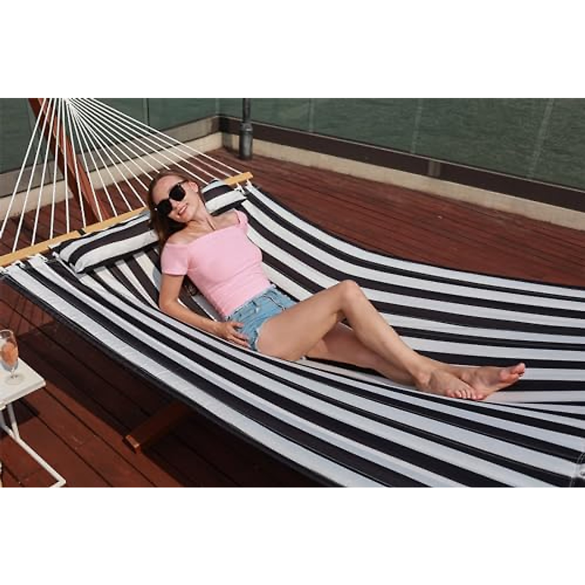 HARBOURSIDE 12FT Quilted Hammock with Spreader Bar, 2 Person Double Hammock with Pillow and Chains, Hammock for Indoor Outdoor, Bedroom Patio, 450 lbs Capacity，Black Stripe