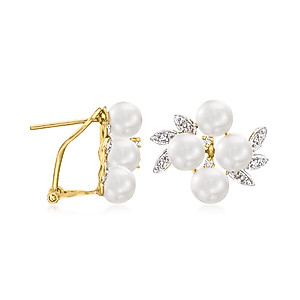 Ross-Simons 5.5-6mm Cultured Pearl Cluster Earrings With Diamond Accents in 14kt Yellow Gold
