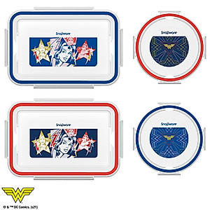 Snapware 8-Pc Plastic Food Storage Containers Set, 4.6-Cup & 3-Cup Meal Prep with Lid, BPA-Free 4 Tab Locking Lids, Dishwasher, Microwave, and Freezer Safe, Wonder Woman