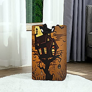 xigua Halloween Mystic Spooky Forest Castle Laundry Hamper, Large Laundry Baskets Foldable Clothes Tote with Handles Storage Bag for Family Dormitory Laundry Bathroom Closet Kids Room