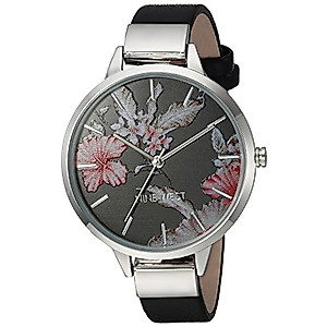 Nine West Women's Silver-Tone and Black Strap Watch