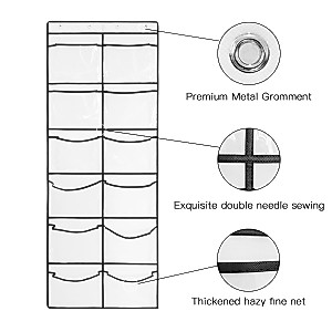 TidyMaster Clear Crystal 1 Pack 12Pockets Large Hanging Shoe Organizer Over The Door Shoe Rack for Closet Door Storage Shoe Holder Hanger, 4Hooks, White (59'' x 21.6'')