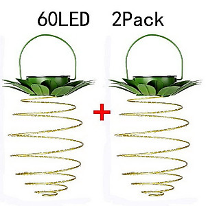 JFRISING 2 Pack 60 LEDs Solar Pineapple Lighting Lantern,Metal Pineapple Solar Powered Garden Outdoor Waterproof Hanging Lantern, Home Decorative for Patio Yard Porch Path