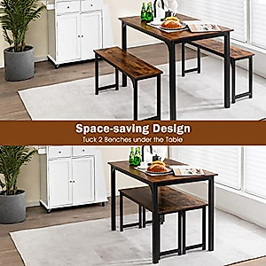 Moccha 3-Piece Dining Table Set for 4, 43" Modern Dining Room Table Set w/2 Benches & Metal Frame, Space Saving Kitchen Table Set for Living Room, Breakfast, Small Space (Rustic Brown & Black)