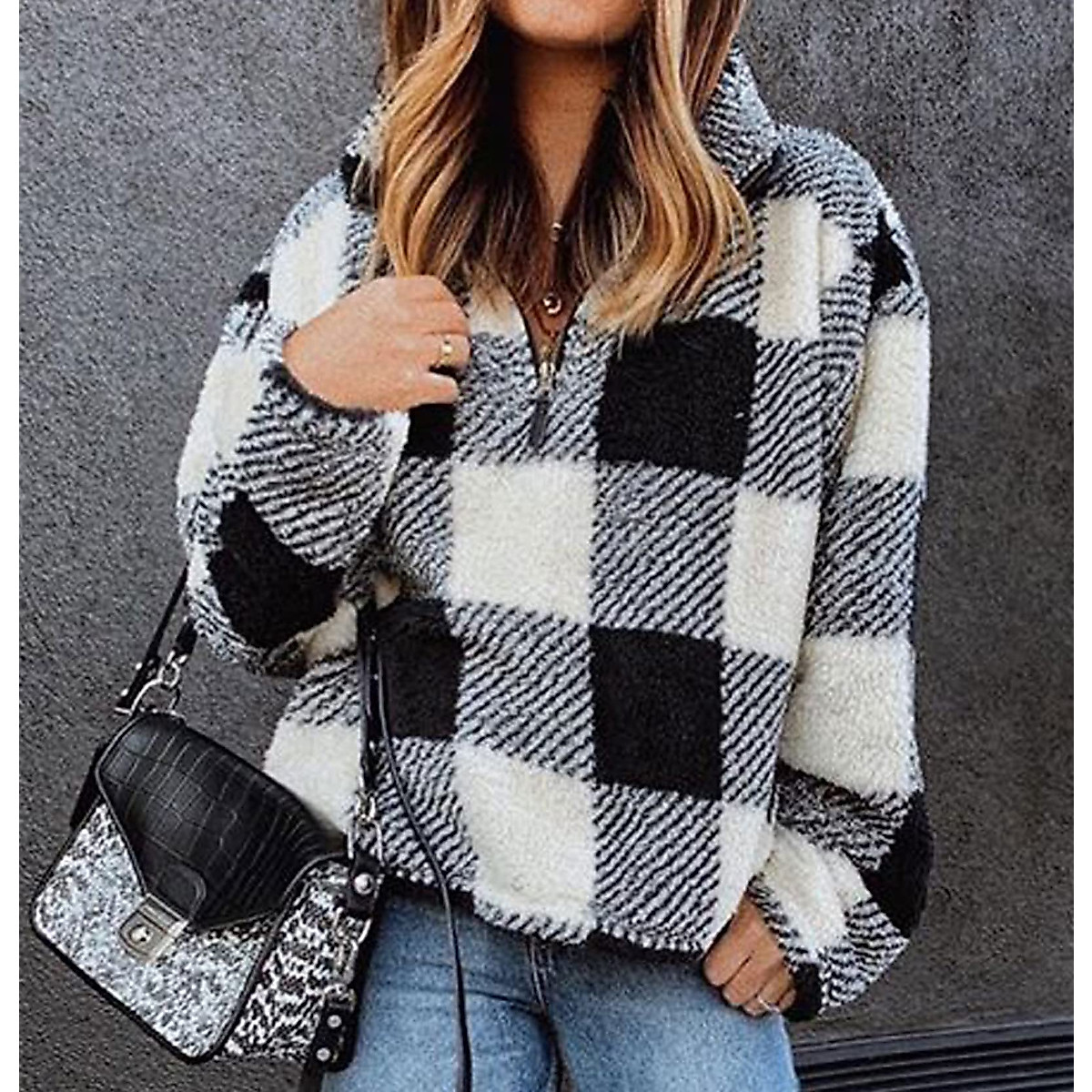 BTFBM Women Sherpa Pullover Quarter Zip Long Sleeve Fluffy Soft Fleece Jackets Sweaters Sweatshirts Hoodies Outwear Coat (Plaid Black, Medium)