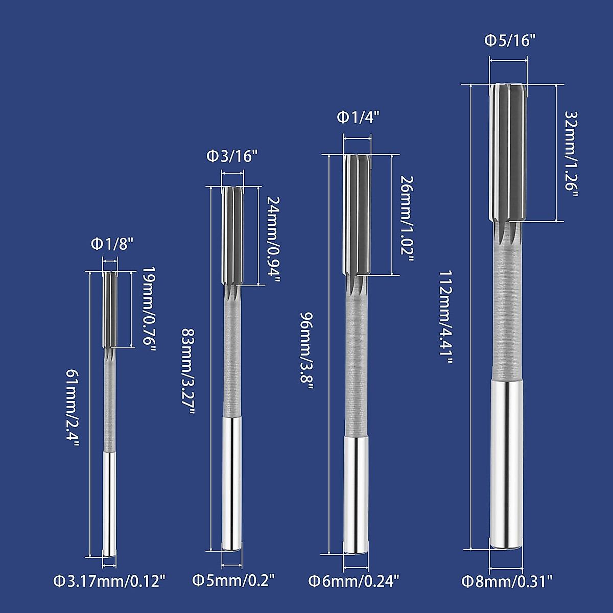 Mriuuod Chucking Reamer Set, 1/8" 3/16" 1/4" 5/16" Reamer, H7 Straight Flutes Lathe Machine Reamer, High Speed Steel Round Shank Milling Cutting Tool Reamer for Bore Machining 4pcs