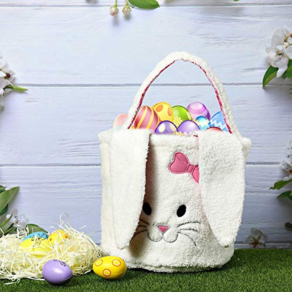 Easter Eggs Basket, Fluffy Bunny Baskets Cute Plush Rabit Basket with Foldable Bunny Ears, Easter Egg Hunts Easter Theme Party Supplies for Boys Girls (Pink)