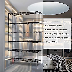 HCB 6-Tier Storage Shelf Heavy Duty Wire Shelving Unit 82"x48"x18" Height Adjustable Metal Steel Wire with Casters for Restaurant Garage Pantry Kitchen Rack (Black)