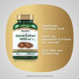 Piping Rock Arjuna Capsules | 4000 mg | 120 Count | from Arjuna Bark Herb Extract | Concentrated Extract | Herbal Supplement | Non-GMO, Gluten Free