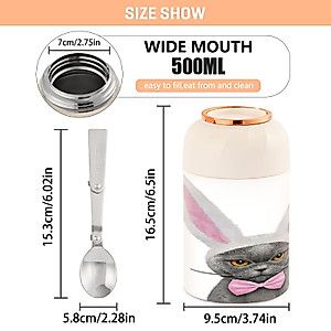 CUPADA Funny Cat Cute Food Jar, Bunny Rabbit Ears Insulated Hot Food Jars Vacuum 17OZ with Folding Spoon for Work Trip Picnic Camping