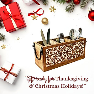 3 Compartment Farmhouse Wooden Flatware Caddy with Metal Handles for Kitchen Countertop, Silverware Caddy for Buffet Party, Rustic Wood Utensil Cutlery Holder, Bathroom Dining Table Office Organizer