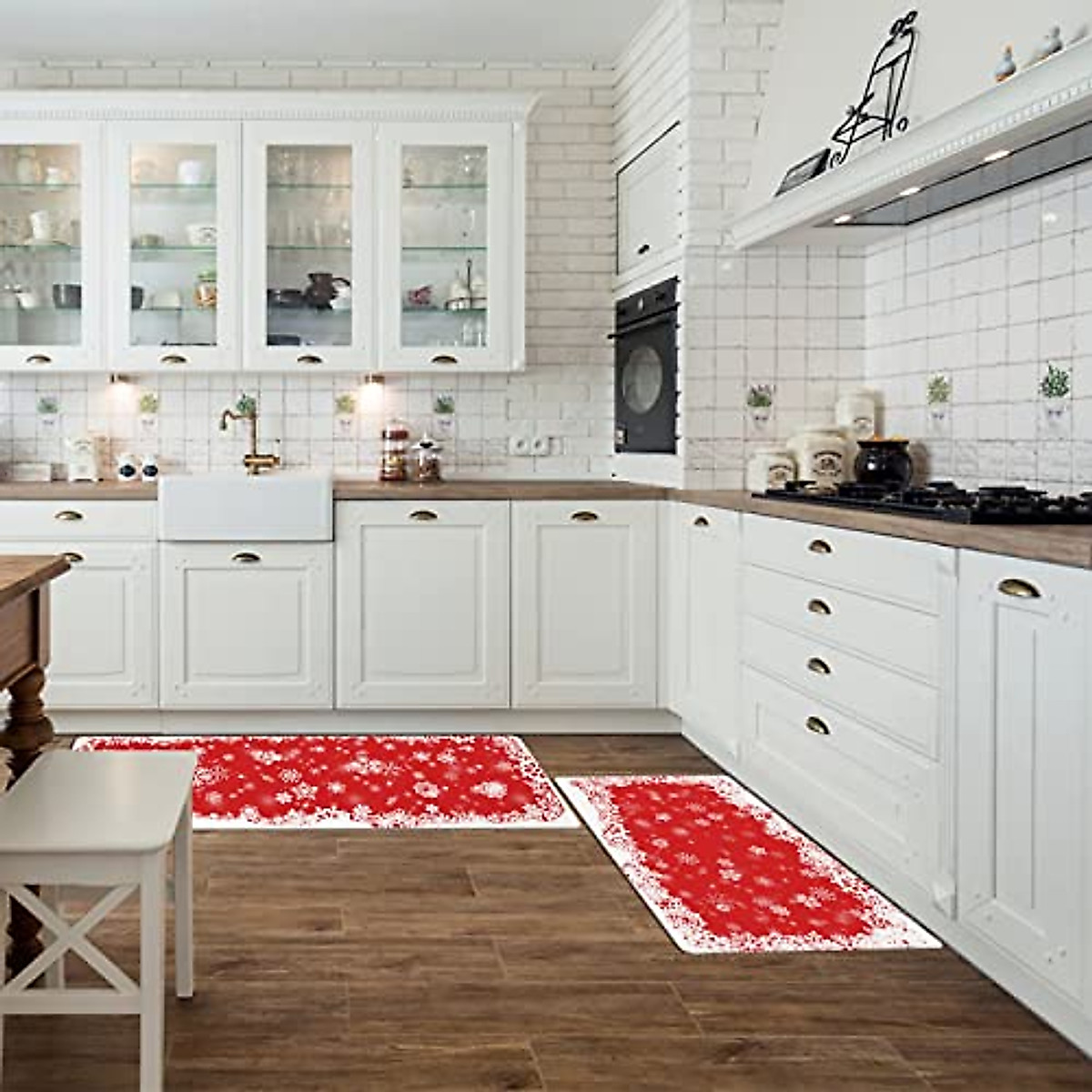 Christmas Snowflake 2PC Memory Foam Kitchen Mats Rectangle Water Absorbent Kitchen Rugs, Anti-Skid Floor Mat for Sink, Hallway 23.6x35.4in+23.6x70.9in Red White Texture Geometric Patterns
