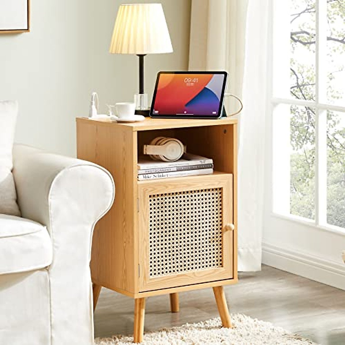 GTOLV Rattan Nightstand with Charging Station, Boho End Table with Handmade Rattan Decorated Door and Pine Legs for Bedroom, Living Room