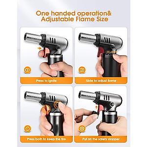 Butane Torch with Fuel Gauge,Homitt Refillable Cooking Torches with One-handed Operation &Safety Lock,Adjustable Flame,Fit All Butane Tanks Kitchen Culinary Butane Torch for Cooking,Baking,BBQ