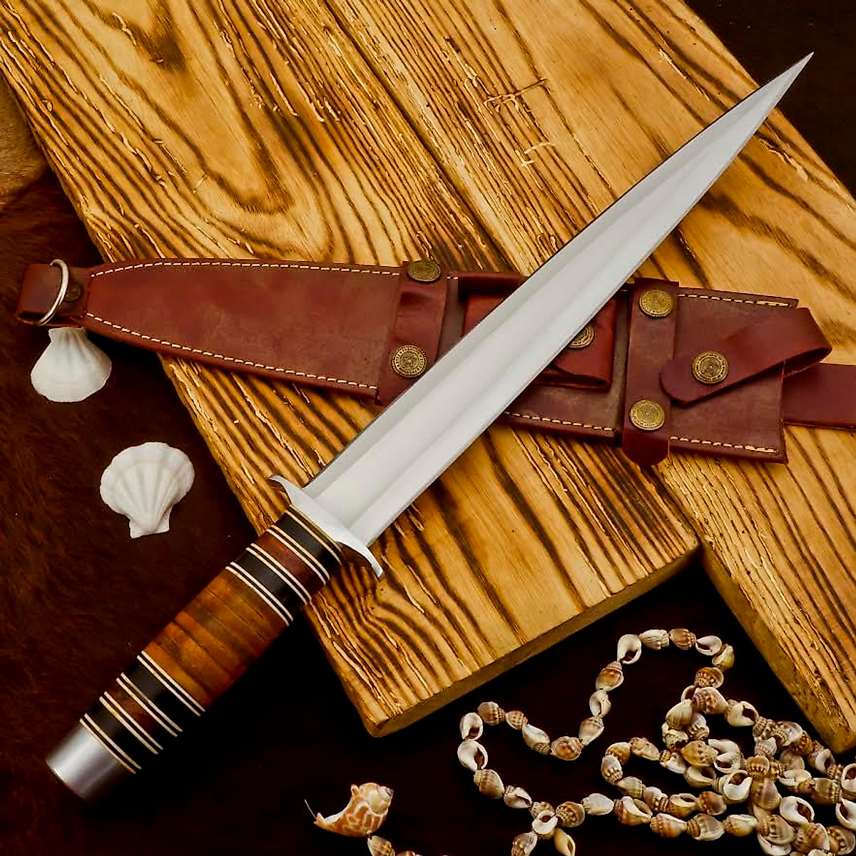 Custom Handmade Damascus Steel 17 Inches Outdoor Survival Fixed Blade Knife, Double Edged Serrated Dagger Leather Wood Handle, Leather Sheath Included