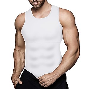 Mens Compression Shirt Workout Tank Tops Slimming Body Shaper Vest Abs Abdomen Undershirts (White, Small)
