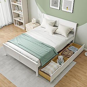 KOMFOTT Full Size Wood Bed Frame with 2 Storage Drawers, Mid Century Platform Bed Frame with Headboard, Sturdy Wooden Slats Support, Modern Mattress Foundation, No Box Spring Required, Easy Assembly